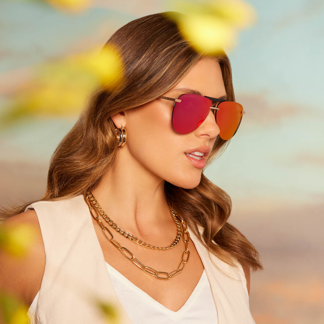 Tahoe Aviator Sunglasses Matte Gold And Sunset Mirror Diff Eyewear