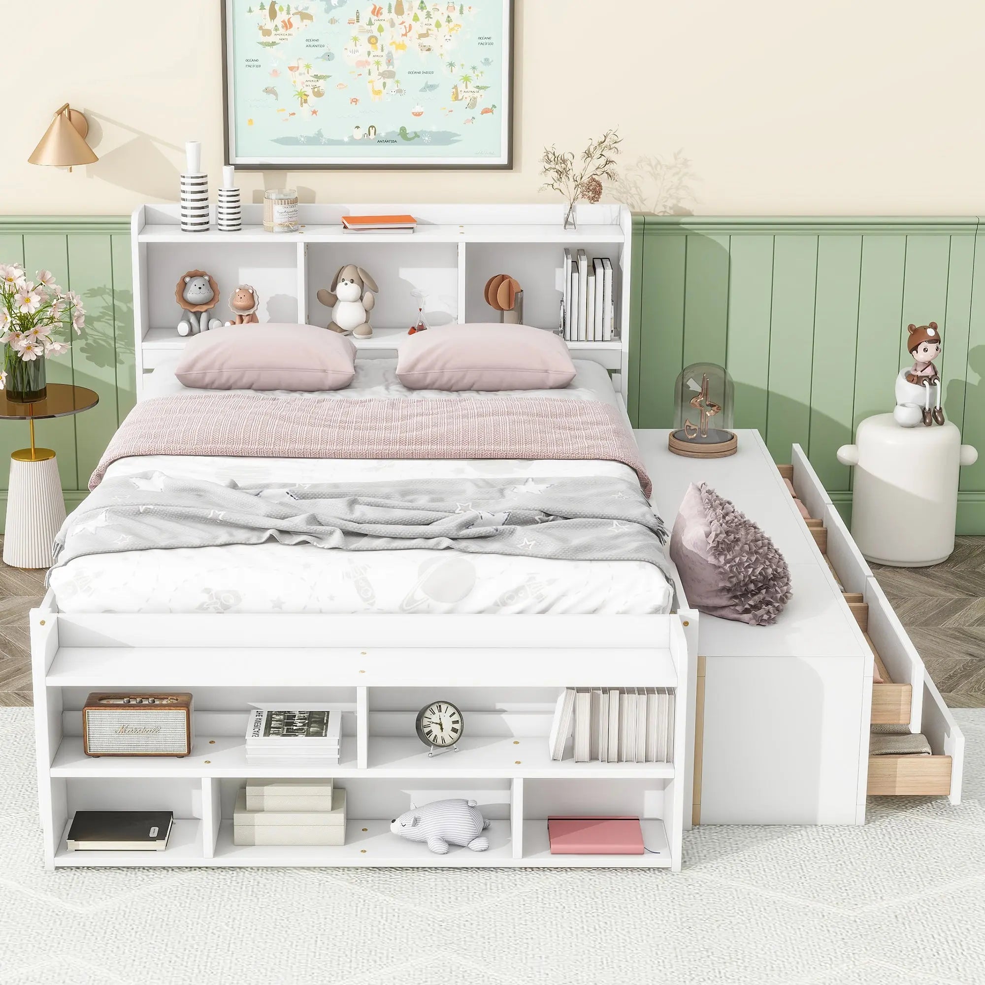Bellemave Full Size Platform Bed with Bookcase Headboard Under bed