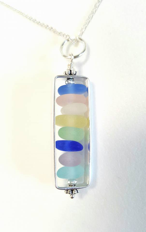 Beach Necklace Genuine Sea Glass Necklace Sterling Silver Rectangle Lo