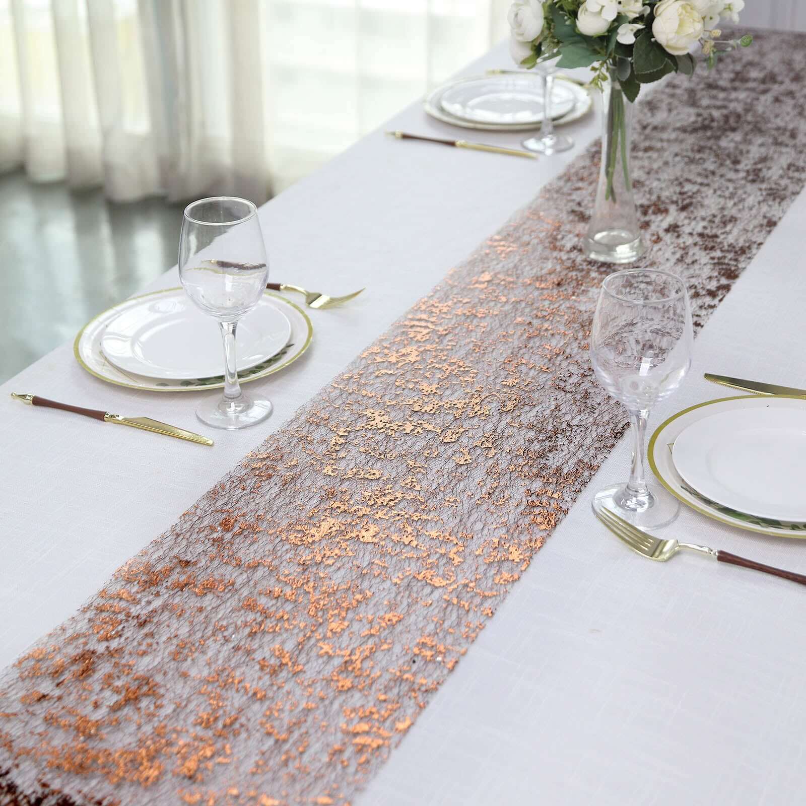 Mesh Polyester 108 Table Runner Roll Metallic Bronze Distressed Foil Look Disposable Table Decor Wholesale by TableclothsFactory